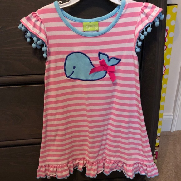 Classic Whimsy | Dresses | Classic Whimsy Whale Pink And White Striped Dress With Pom Poms On ...